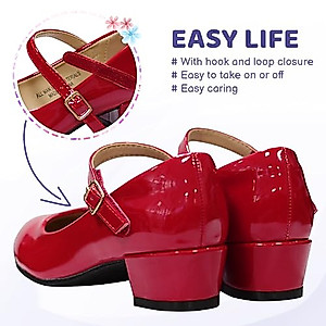 LseLom Girls Dress Shoes Mary Jane Shoes for Girls Low Heel Princess Hook and Loop Dance Shoes Party Wedding Flats for Big Girls Red Big Kid 2