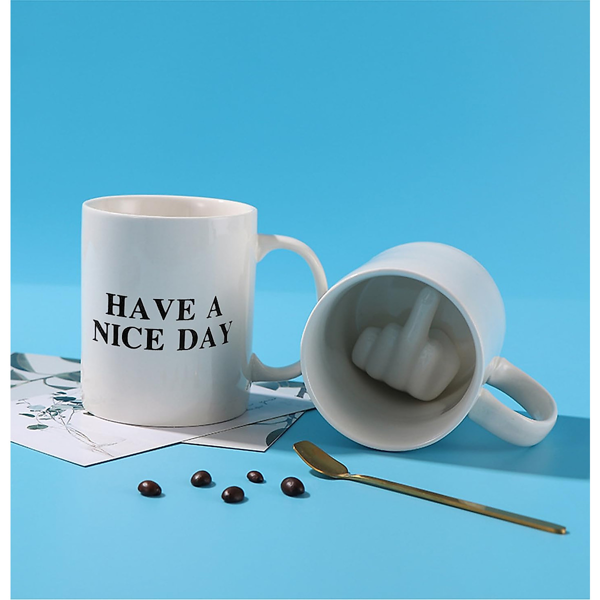Cloverhome Have a Nice Day Coffee Mug with 3D Finger on the bottom Funny Coffee Mug for Men and Women Novelty Coffee Mug for Valentines Day Birthday Christmas and Halloween (White)
