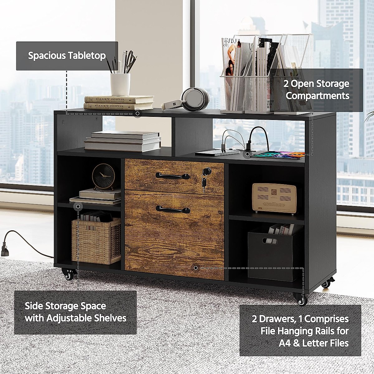 Yaheetech File Cabinet Filing Cabinets with Socket & USB Charging Port 2 Drawers Lateral Printer Stand for Letter Size A4 Size, Home Office Black/Rustic Brown