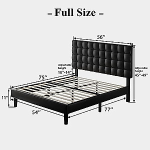 iPormis Full Size Platform Bed Frame, Faux Leather Upholstered Bed Frame with Square Tufted Headboard, Wood Slats Support, No Box Spring Needed, Easy Assembly, Black