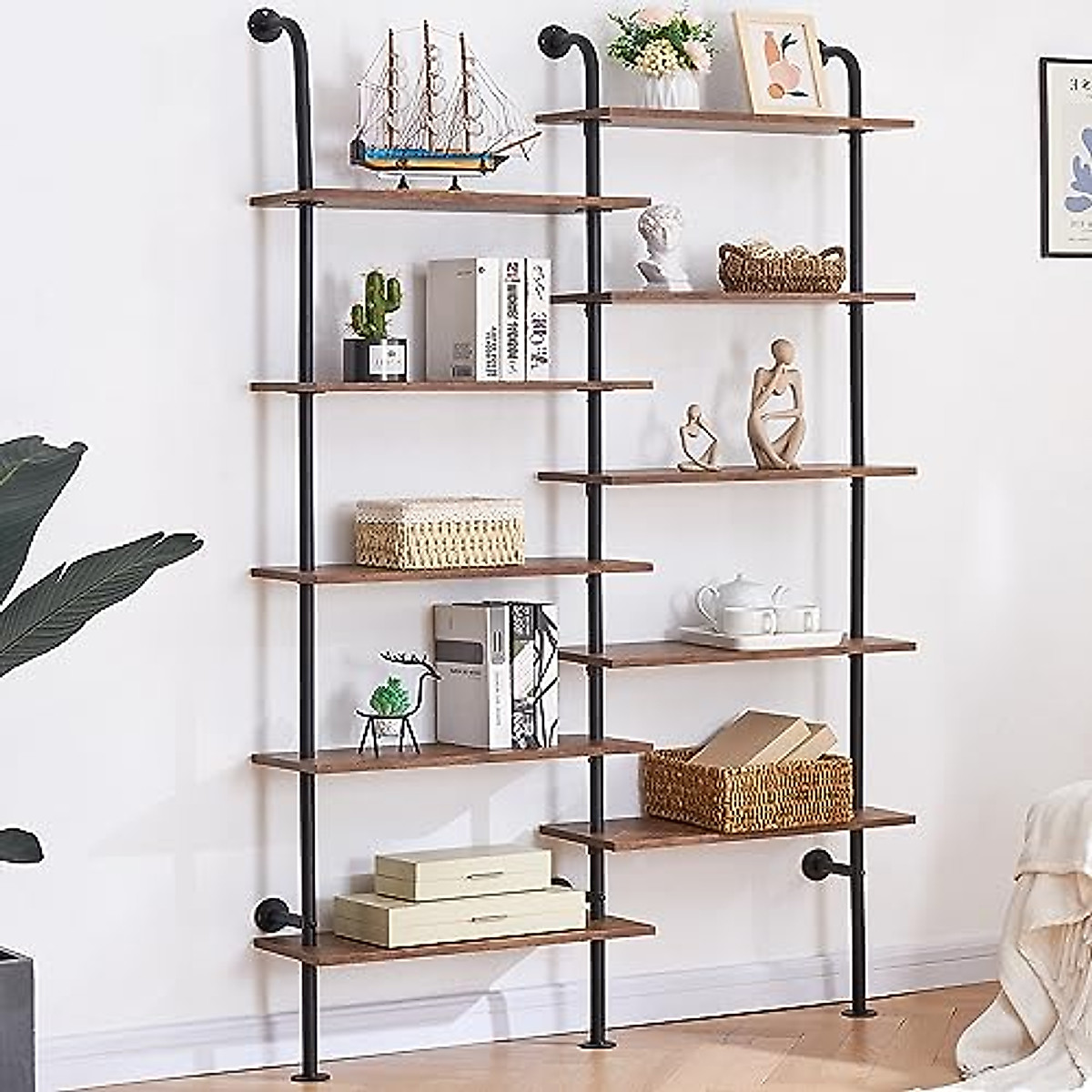 HOMBAZAAR Bookshelf,10-Tier L Shaped, Industrial Double Wide Wall Mount, Modern Bookcase with Metal Frame and Wood, Industrial Corner Pipe Shelf for Living Room and Office, Brown