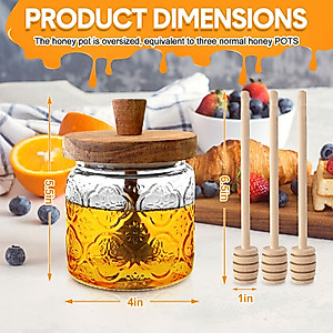 Glass Honey Dispenser No Drip with 3 Wooden Dippers, 18 Oz Oversize Glass Honey Jar with Lid and Engraved Wooden Honey Trowel-Jar Set Honey Pot/Containers with Wooden Honey Dipper Thank You Gift