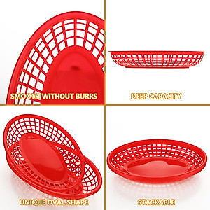 50 Pack Oval Fast Food Baskets, 8.7 x 5.5 Inch Red Plastic Food Baskets Restaurant Basket, Fast Food Storage Baskets for Burgers, Sandwiches, Fries at Party, Picnic, Home