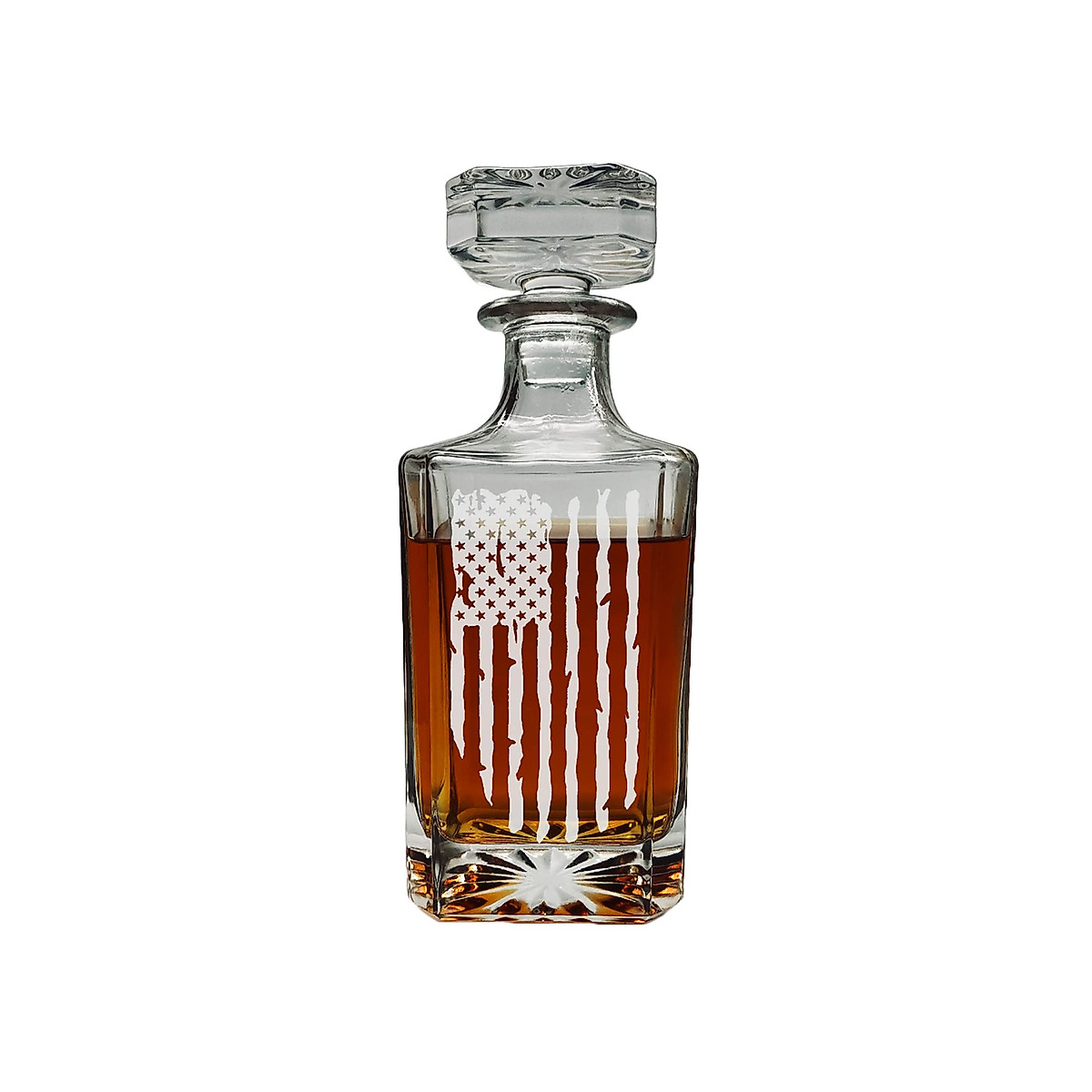 Rogue River Tactical Tattered Worn American US Flag USA Patriotic Whiskey Decanter With Airtight Glass Stopper Custom Gift For Men Dad Veteran Father's Day