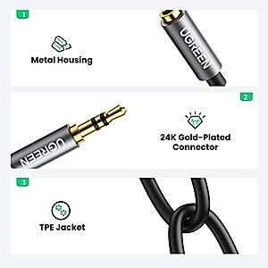 UGREEN Headphone Splitter 3.5mm Audio Stereo Y Splitter Aux Extension Cable Male to Female Dual Headphone Jack Adapter for Earphone Headset Splitter Compatible with iPhone Samsung iPad Tablet Laptop, Black