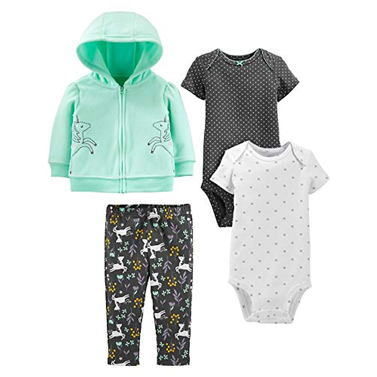 Simple Joys by Carter's Baby Girls' 4-Piece Jacket, Pant, and Bodysuit Set, Black Dots/Mint Green Unicorn/White Snowflake/Floral, 18 Months