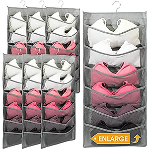 Tatuo 6 Pcs Enlarged Closet Hanging Bra Organizer with Mesh Pockets Dual Sided Wall Closet with Metal Hook Bra Underwear Socks Storage Shelf Wardrobe Space Saver, 6+18 Pockets (Gray, X-Large)