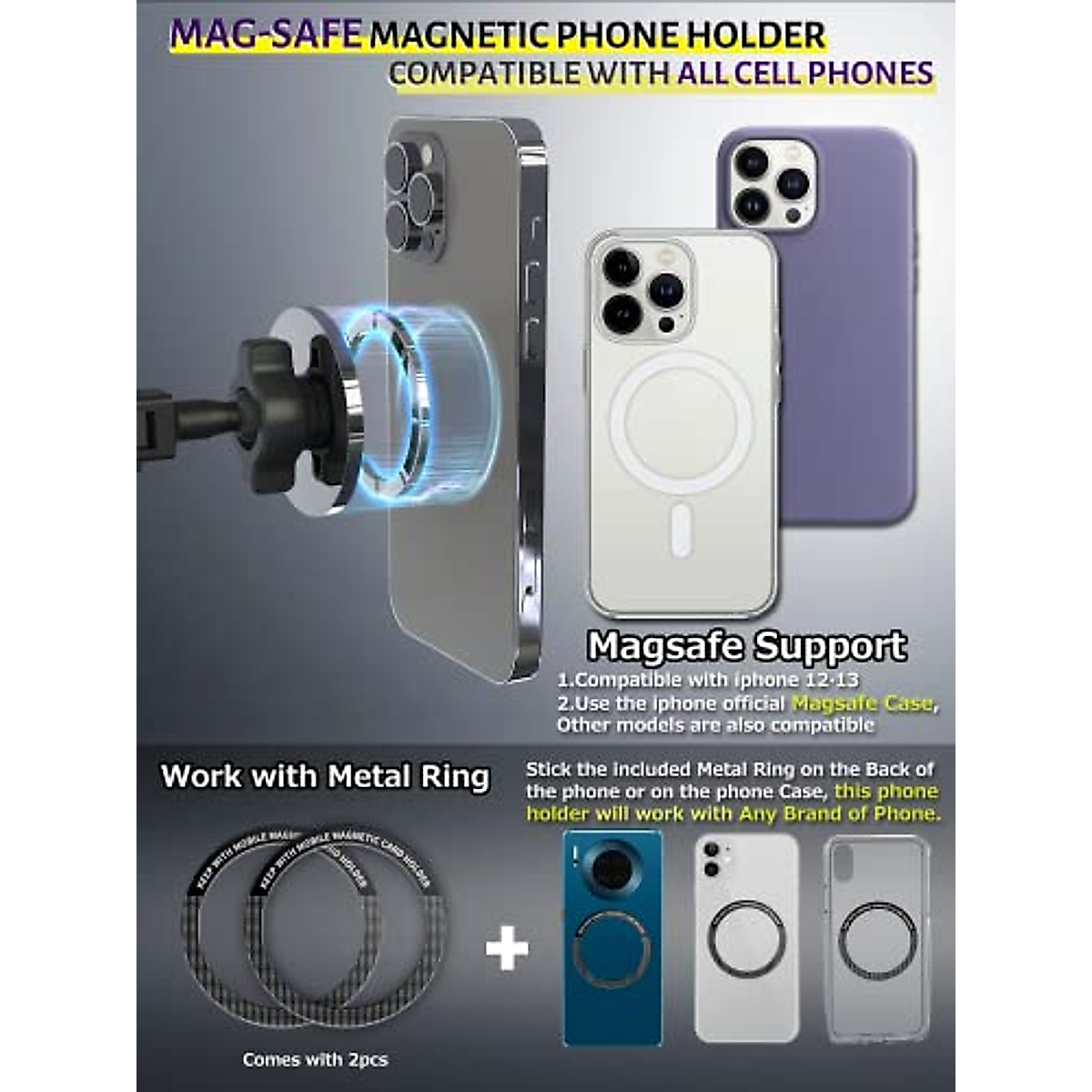 CACENCAN Phone Holder for Bed, Magnetic Phone Stand for Desk, 360° Rotation, MagSafe Cell Phone Stand, Clip Mountable Tablet Stand for Bed, Mic Boom Arm, Compatible with All Phone, Tablets-Space Black