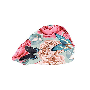 Womens Working Cap with Cotton Sweatband Adjustable Elastic Head Cover Hair Tie Back Work Hats for Women Men One Size Bouffant Hat Covers Rose with Butterfly