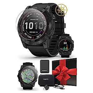 PlayBetter Garmin Fenix 7X Sapphire Solar (Black DLC Titanium) Multisport GPS Smartwatch Gift Box Bundle - Training, Sleep/Health Tracking - includes Screen Protectors, Adapter, Charger & Case