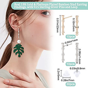 Beebeecraft 1 Box 20Pcs 2 Colors Bamboo Stud Earring Findings 18K Gold & Platinum Plated Stud Earring with Loops and 925 Sterling Silver Pins for DIY Earring Jewelry Making