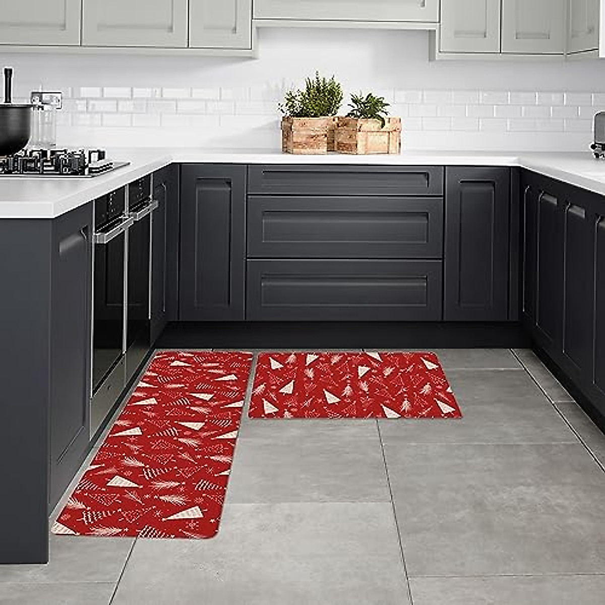 Libaoge Christmas Kitchen Mat Rug Set of 2 Xmas Tree Red Background Runner Rug Anti-Fatigue Comfort Memory Foam Standing Mat Non-Slip Floor Door Mat for Bathroom Bedroom 24x35in+24x71in