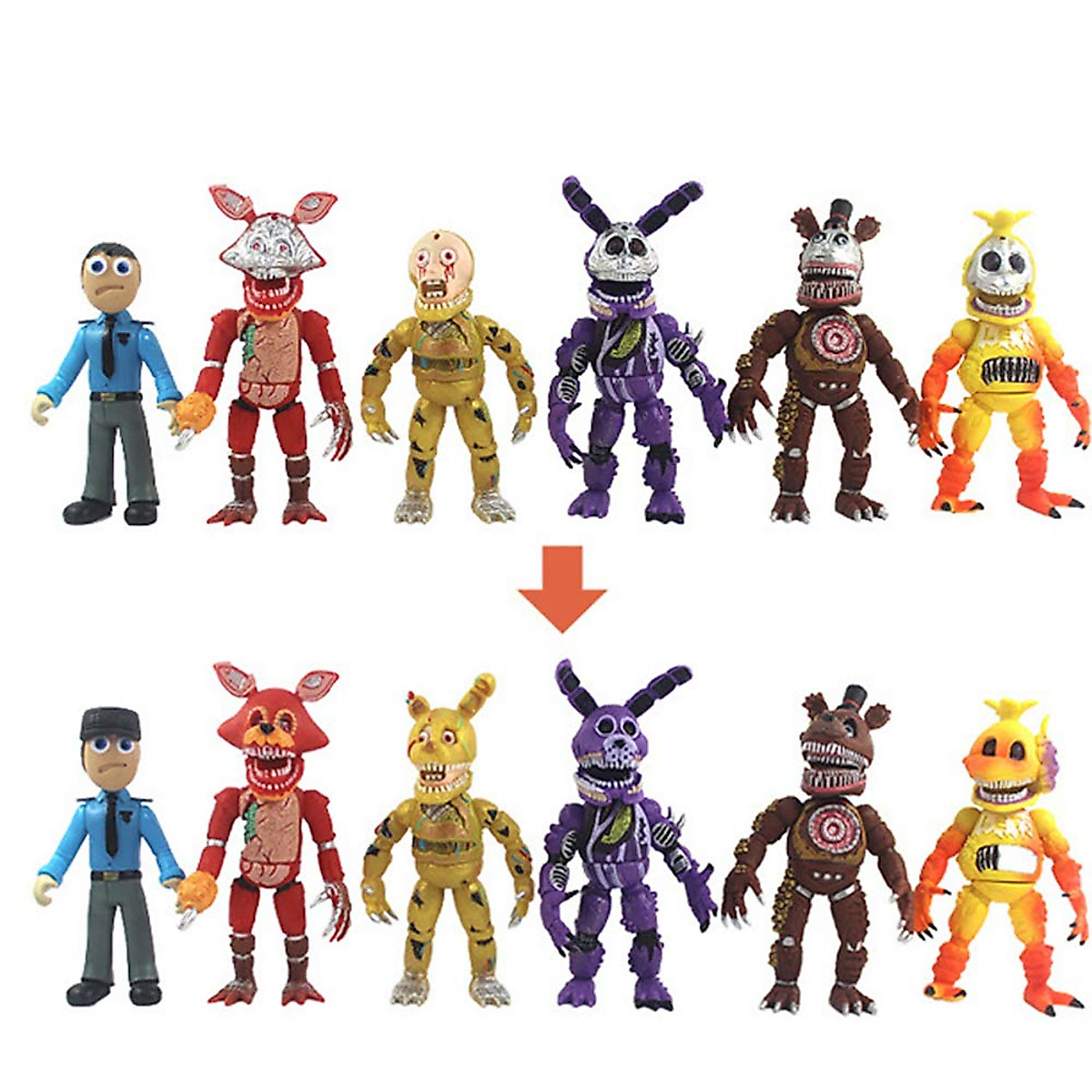 YLEAFUN Five Night Game Pizzeria Simulator, Action Figure Toy 6.5-Inch, Animatronics [Nightmare Foxy/Bonnie/Fazbear/Chica]