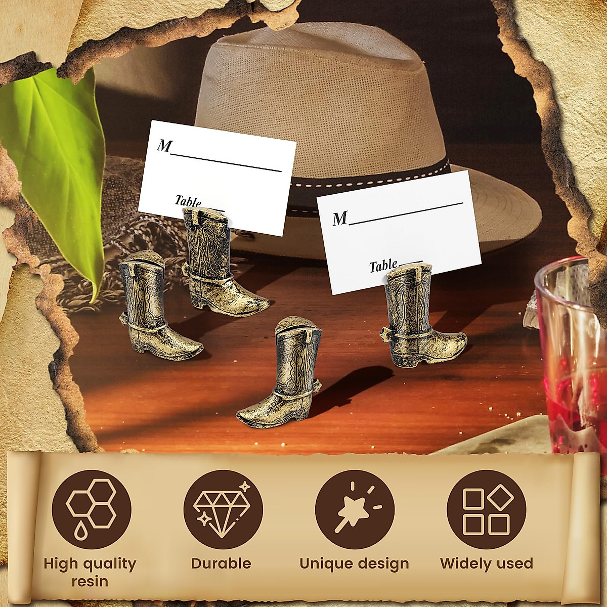 DNAMYJME 12pack Place Card Holders with Paper Cards 1.85''x1.57'' Retro Cowboy Boots Shape Table Number Card Holder Resin Photo Stand Creative Table Sign Stands for Wedding Party