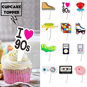 24pcs 90s Cupcake Topper 1990s Retro Theme Decor 90's Decade Throwback Party Decorations Supplies