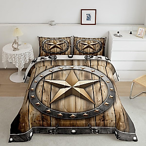 Erosebridal Western Texas Star Comforter Set Retro Vintage Circle Bedding Set Gifts for Women Men,Grunge Rustic Wooden Quilt Full,Brown Wood Plank Cowboys Room Decor for Boys