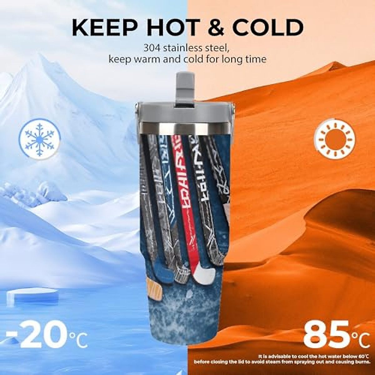 WITHSBKK 30oz Car Cup Ice Hockey Sticks Printed with Portable, Stainless Steel Travel Mug, Vacuum Insulated Tumbler And Straw, Leakproof for Car & Outdoor, UV Printed Design