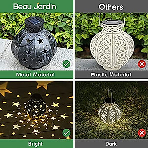 BEAU JARDIN 4 Pack Hanging Solar Lanterns Stars Lights Metal Waterproof Outdoor Retro Warm White LED Auto On/Off Landscape Decorative for Table Patio Garden Decor Decoration Black BG422