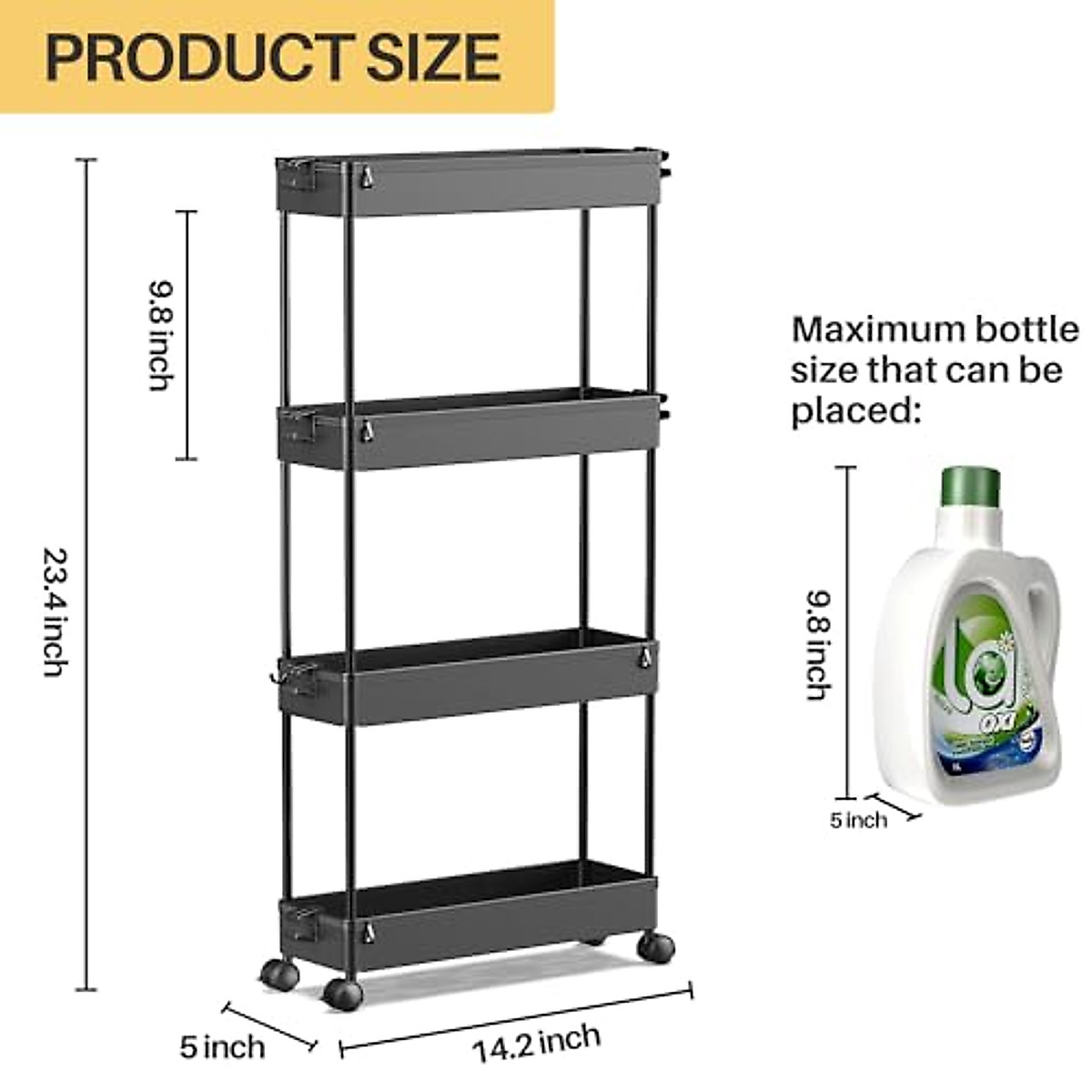 SPACEKEEPER Slim Rolling Storage Cart 4 Tier Organizer Mobile Shelving Unit Utility Cart Tower Rack for Kitchen Bathroom Laundry Narrow Places, Black