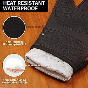 Hovico Silicone Oven Mitts, Oven Gloves with Non-Slip Waterproof - 2PCS Black Oven Mittens Heat Resistant 600 Degree, Soft Lining Silicone Oven Mits for Cooking Baking Kitchen Mitten