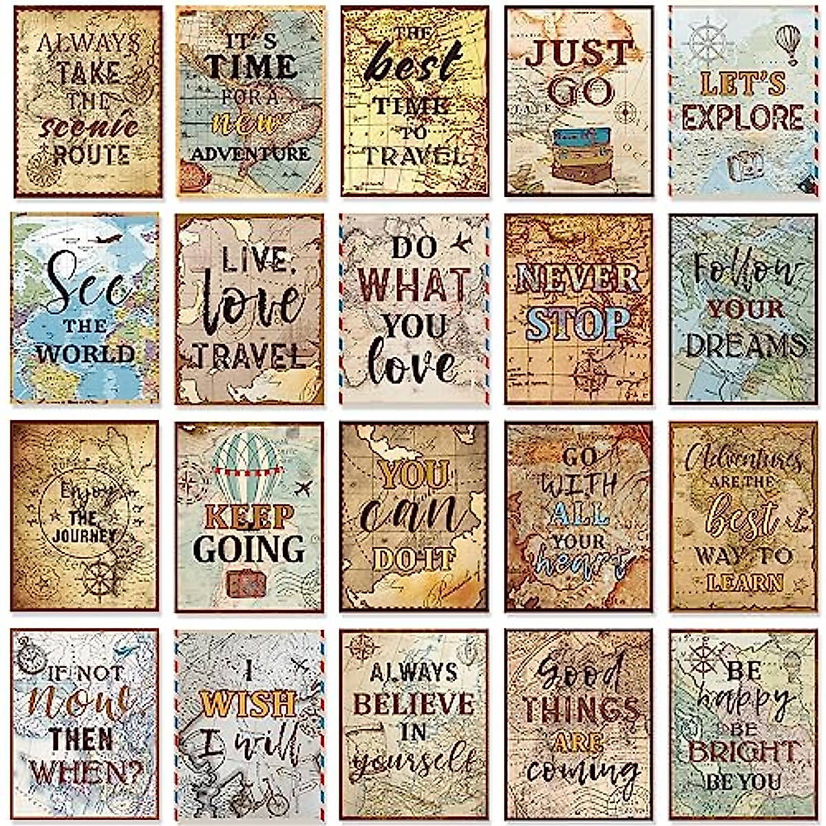 Pasimy 20 Pcs Travel Map Motivational Wall Decor Travel World Inspirational Bulletin Board Posters Positive Travel Themed Classroom Decorations Inspirational Posters for School Office Travel Party
