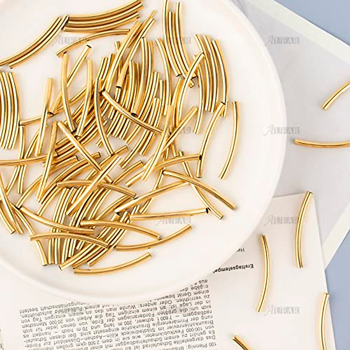 AUEAR, 100 Pack Plated Metal Smooth Long Curved Noodle Tube Spacer Loose Beads 3x50mm for DIY Necklace Bracelet Jewelry Making (Gold)