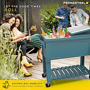 Permasteel 80-Qt Antique Patio Cooler for Outside | Outdoor Beverage Cooler Bar Cart, Rolling Cooler with Wheels and Handles, Wooden Teak Accent, Teal Blue-Green