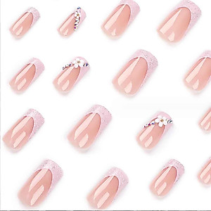 Foccna 3D Flower Fake Nails Square Pink French Press on Nails Long Bling Glossy Rhinestone False Nail Tips Artificial Nails Finger Manicure for Women and Girls 24pcs