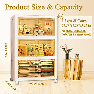 Jacriah Plastic Drawer Storage Bins with Lid, Stackable Storage Bins Open Front, Closet Organizers and Storage Cabinet with Doors and Shelves, Collapsible Storage Bins with Wheels (3 Layer-28 Gallon)