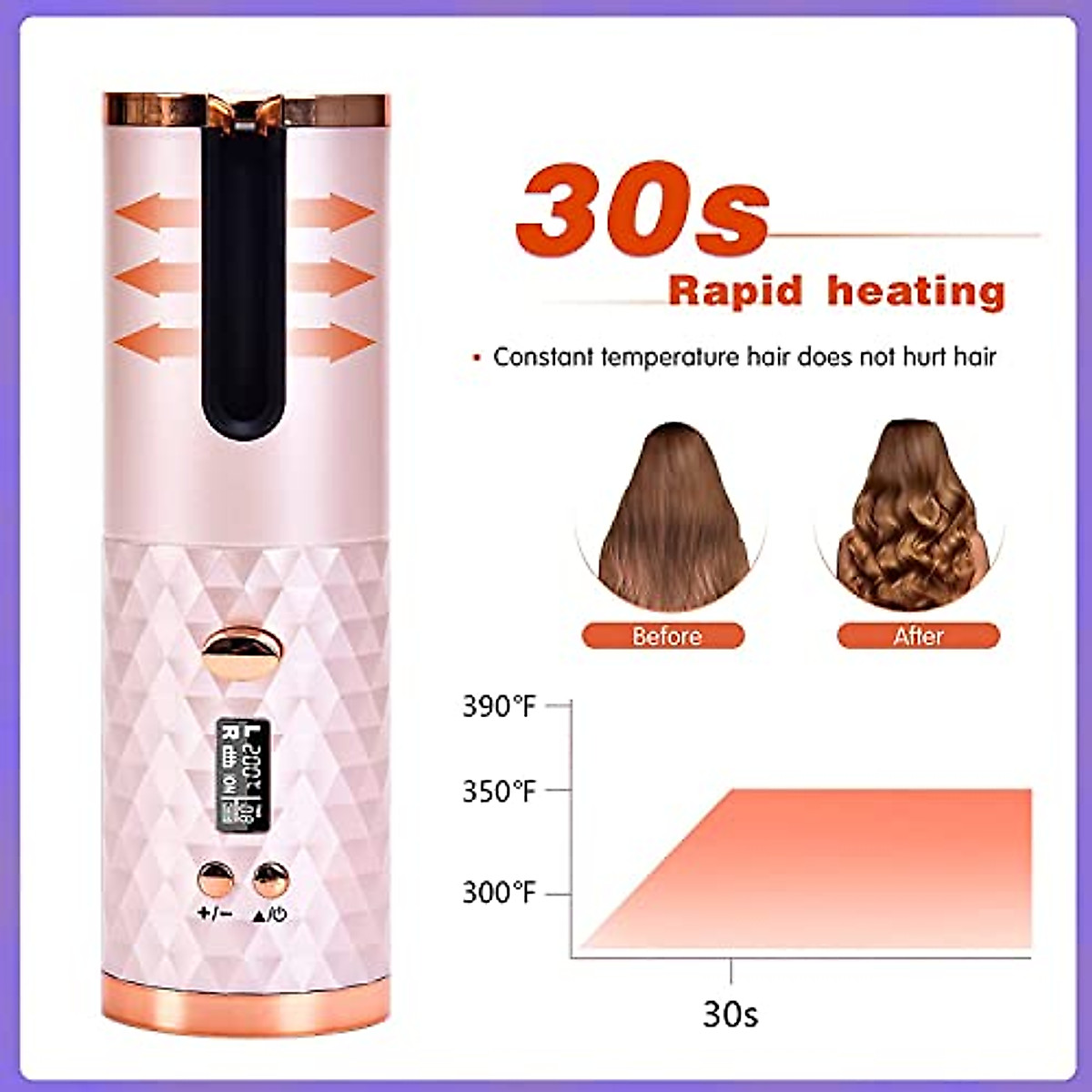Automatic Curling Iron, Cordless Ceramic Barrel Wave Wand, Portable Cordless Auto Hair Curler with 4 Temps & 3 Timers, Fast Heating Rotating Rotating Curling for Long & Short Hair, Travel & Home Use