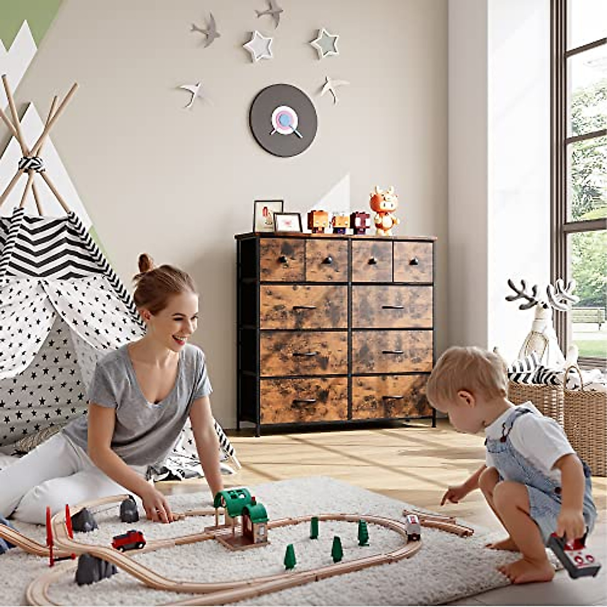 Nicehill Dresser for Bedroom with 10 Drawers, Storage Drawer Organizer, Tall Chest of Drawers for Closet, Living Room, Hallway, Entryway, Fabric Drawers (Rustic Brown)