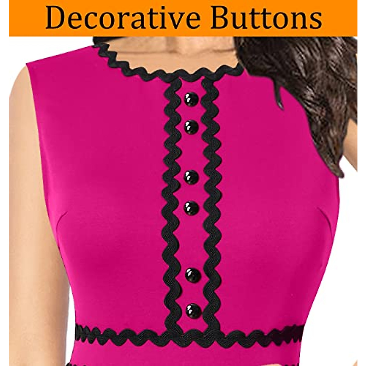 VFSHOW Womens Wear to Work Button Patchwork Trim Crew Neck Fitted Office Business Party Cocktail Bodycon Pencil Sheath Dress (Hot Pink, Large) 10186 PIK L