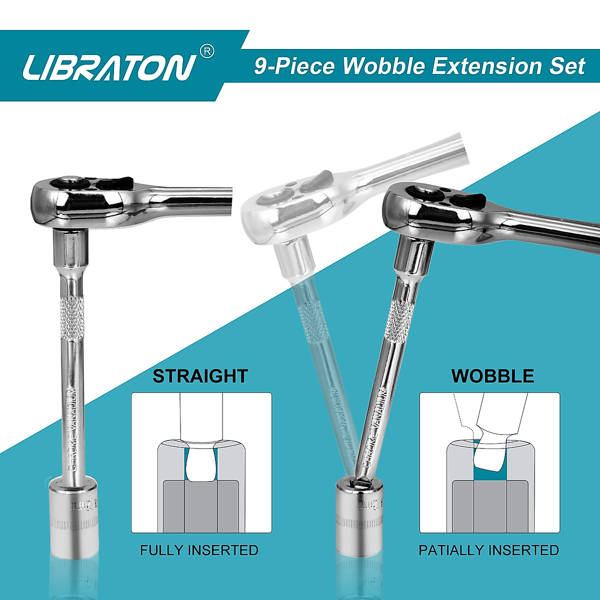 Libraton Wobble Extension Set 1/4'' 3/8'' 1/2'', Wobble Socket Extension, Extension Set, Wobble Socket Extension Set, Drive Socket Extension Bars 9PCs (Cr-V) with Chrome Plated in EVA Storage Tray
