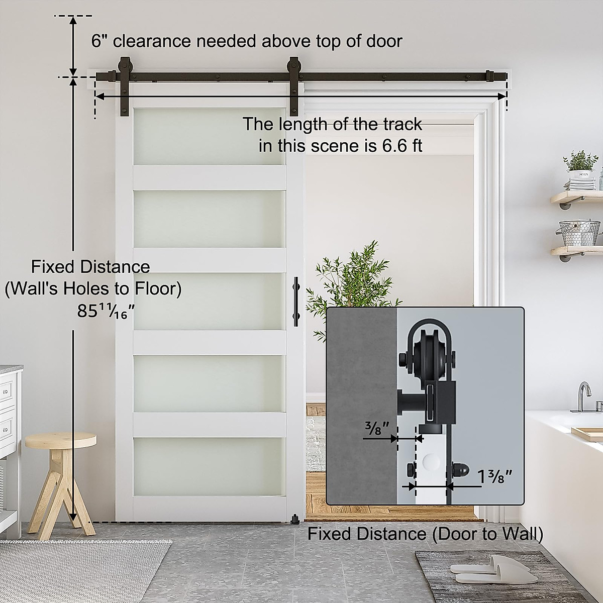 SmartStandard 36 x 84 in Glass Barn Door with 6.6FT Sliding Hardware Kit & Handle, Pre-Drilled Ready to Assemble, Waterproof PVC Coating, White, 5-Panel Glass