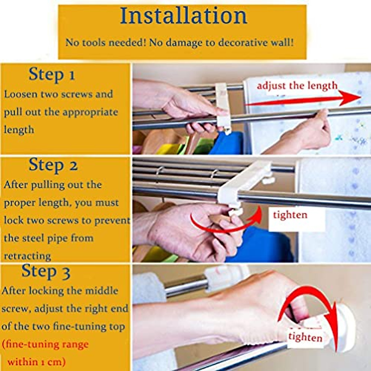 BAOYOUNI Expandable Closet Tension Shelf Rod Organizer Adjustable Storage Rack Heavy Duty Clothes Hanger Metal Space Saving Divider for Bathroom Kitchen Cupboard Wardrobe Bookshelf 32''-46'', Ivory