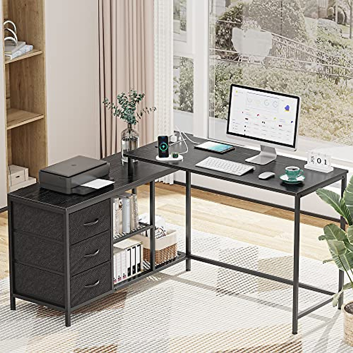 SUPERJARE L Shaped Desk with Power Outlets and Dual Monitor Stand Riser