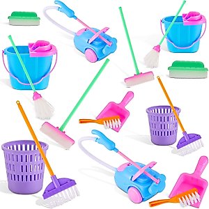 18 Pieces Dollhouse Cleaning Supplies Mini Cleaning Toys Miniature Mop Dustpan Bucket Brush Mini Cleaning Tools Pretend Play Dollhouse Furniture Garden Accessories Toys for Dolls