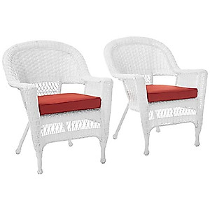 Jeco Wicker Chair with Red Cushion, Set of 2, White/W00206-