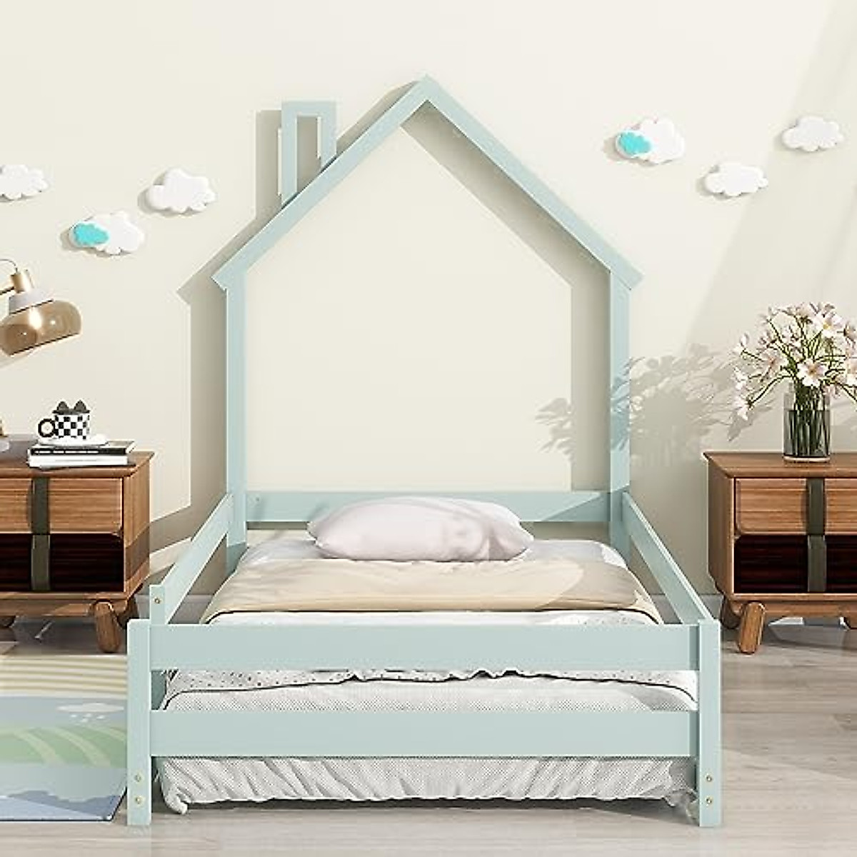 SIYSNKSI Twin Size Platform Bed, Wooden Platform Bed Frame with House-Shaped Headboard, Floor Bed with Fences for Kids Boys Girls Bedroom, Easy Assembly (Light Green + Pine 04)