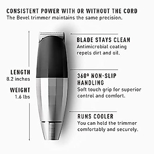 Bevel Beard Trimmer for Men - Cordless Trimmer, 6 Hour Rechargeable Battery Life, Tool Free Adjustable Zero Gapped Blade, Barber Supplies, Mustache Trimmer, Silver