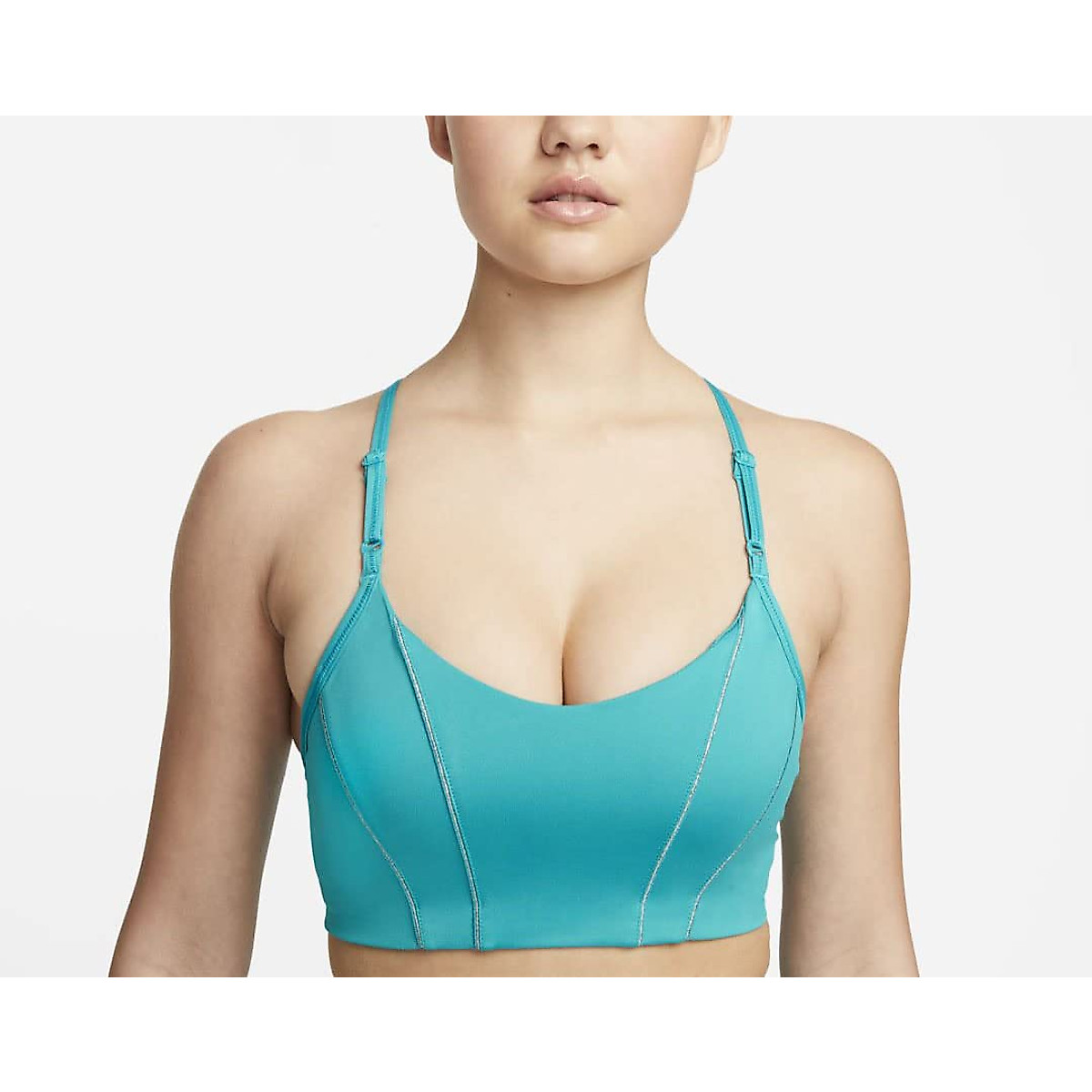 Nike Women`s Yoga Dri-FIT Indy Light-Support Padded Metallic Tape Sports Bra (A(DD1407-356)/M, Medium)