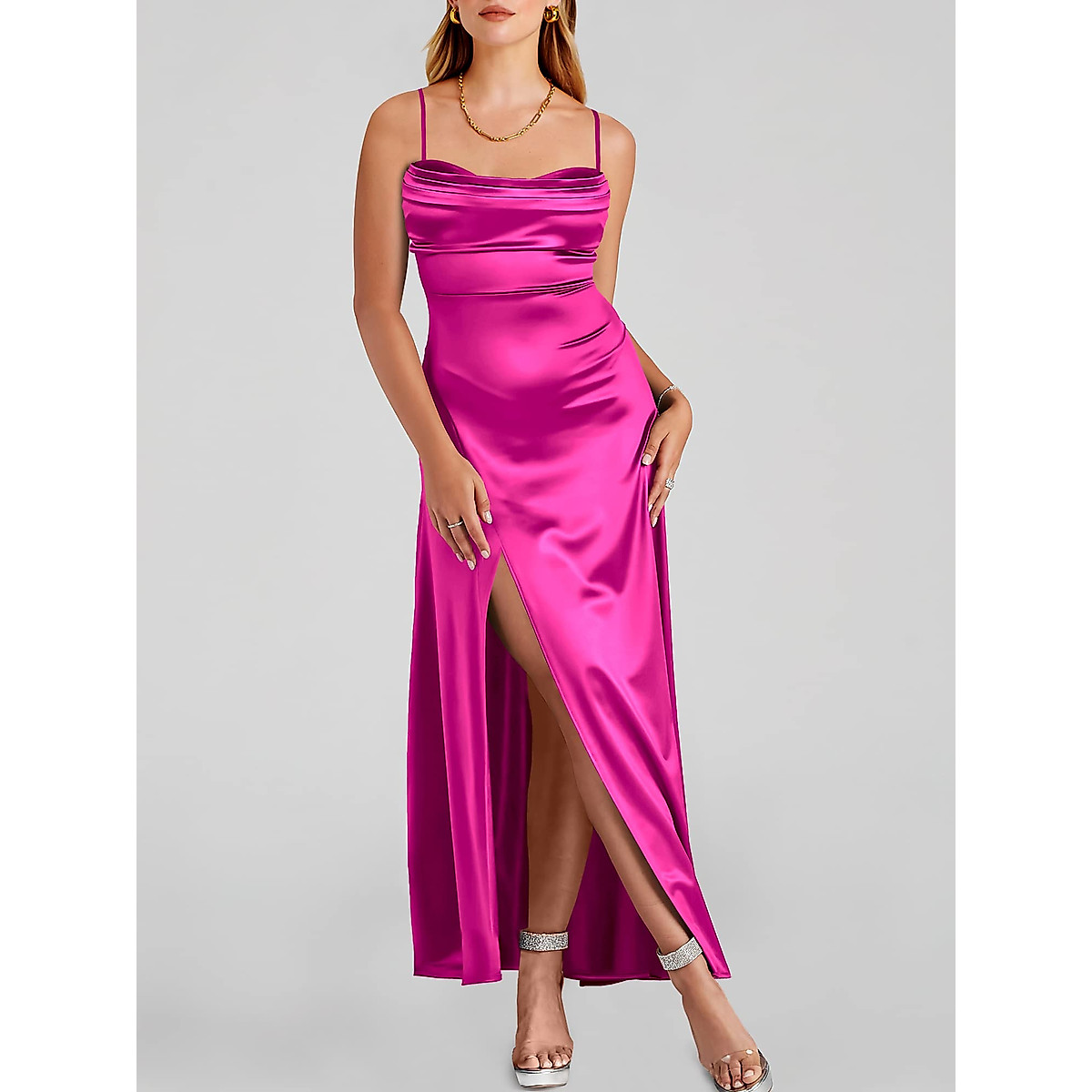 ANRABESS Women Formal Satin Spaghetti Strap Cowl Neck Bodycon Slit Prom Cocktail Maxi Dress Evening Party Rose X-Large