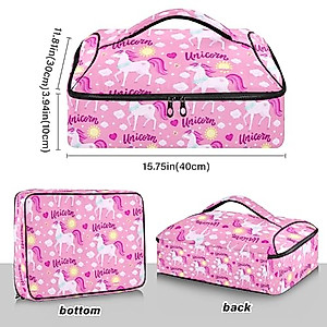 Kcldeci Insulated Thermal Food Carrier Insulated Casserole Carrier for Hot or Cold Food,White Unicorns on A Pink Insulated Tote Bag for Potluck Cookouts Parties Picnic,Lasagna Lugger