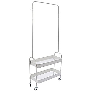 Free-Standing Rolling Garment Rack with 2 Tier Metal Basket, Rolling Storage Cart Clothes Hanging Organizer Coat Rack Storage Stand for Bedroom Laundry Small Place 26.4 x 11.8 x 62.6in