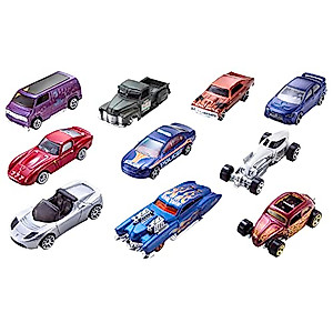 Hot Wheels Set of 10 Toy Cars & Trucks in 1:64 Scale, Race Cars, Semi, Rescue or Construction Trucks (Styles May Vary)