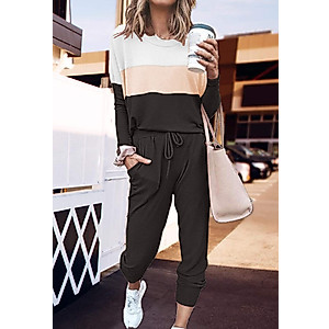 Fixmatti Women 2 Piece Outfit Long Sleeve Colorblock Shirt Pant Set Jogging Sweatsuit Black M