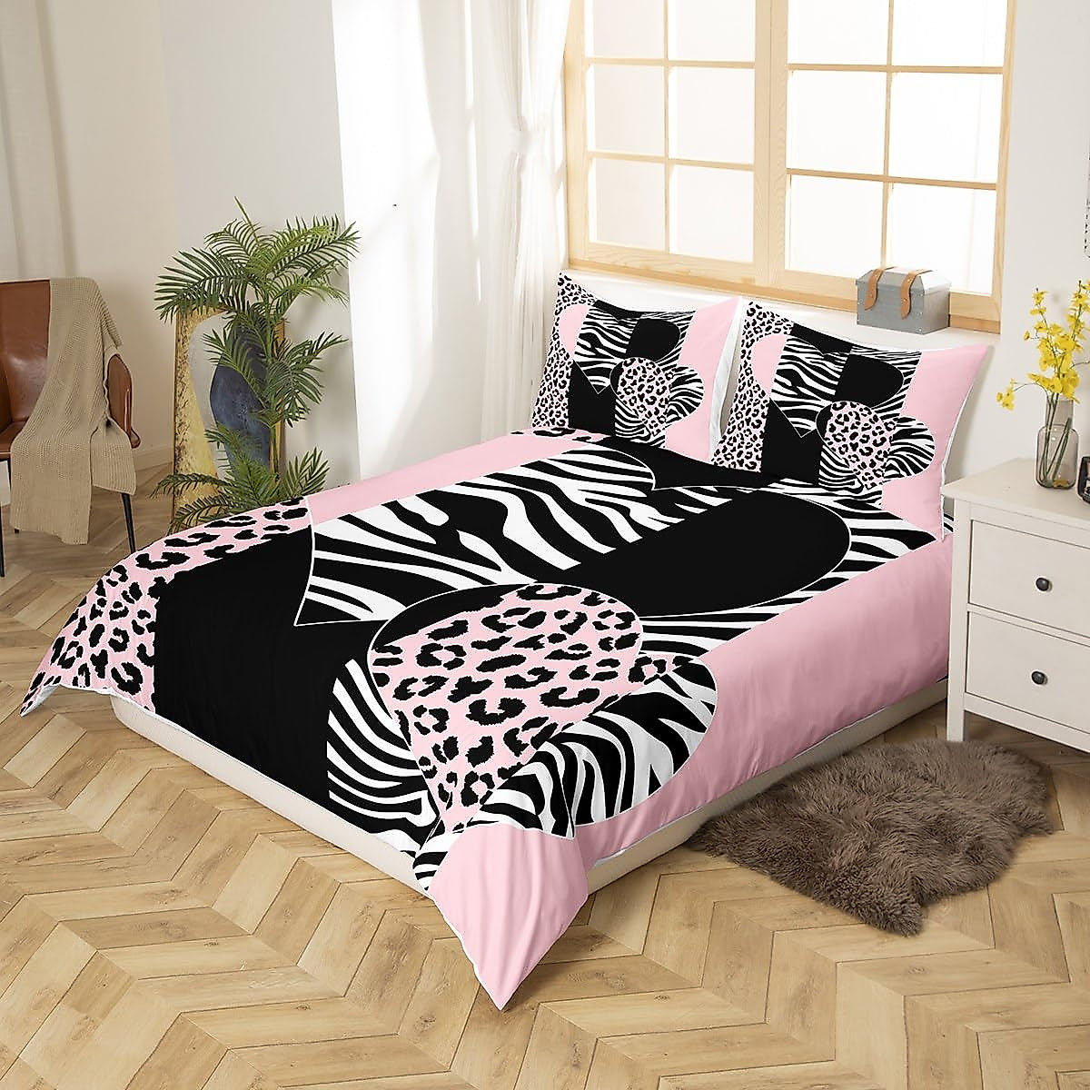 Leopard Print Duvet Cover Set Queen Size,Zebra Skin Texture Bedding Set 3Pcs,Kids Girls Teens Room Decor,Striped Fashion Comforter Cover,Pink Black White Love Printed Bedspreads Cover,2 Pillowcases