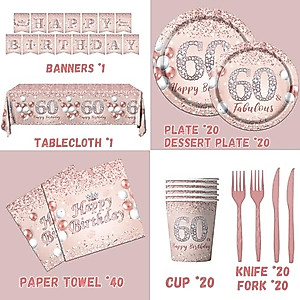 60th Birthday Tableware Decorations for Women, 142Pcs Pink Rose Gold 60th Birthday Supplies Plates and Napkins,Cups,Tablecloth,Happy 60th Birthday Banner for 60 Years Old Birthday Party