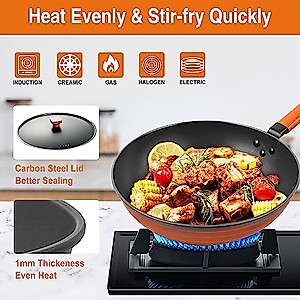 Anyfish Wok Pan with Lid, 12.8in Woks & Stir Fry Pans with Silicone Spatula, Nonstick Wok and Carbon Steel Woks, No Chemical Coated Flat Bottom Chinese Wok For Induction, Electric, Gas, All Stoves