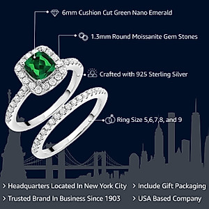 Gem Stone King 925 Sterling Silver Cushion Green Nano Emerald and White Moissanite Wedding Engagement Ring Band Bridal Set For Women (1.52 Cttw, Available In Size 5, 6, 7, 8, 9)